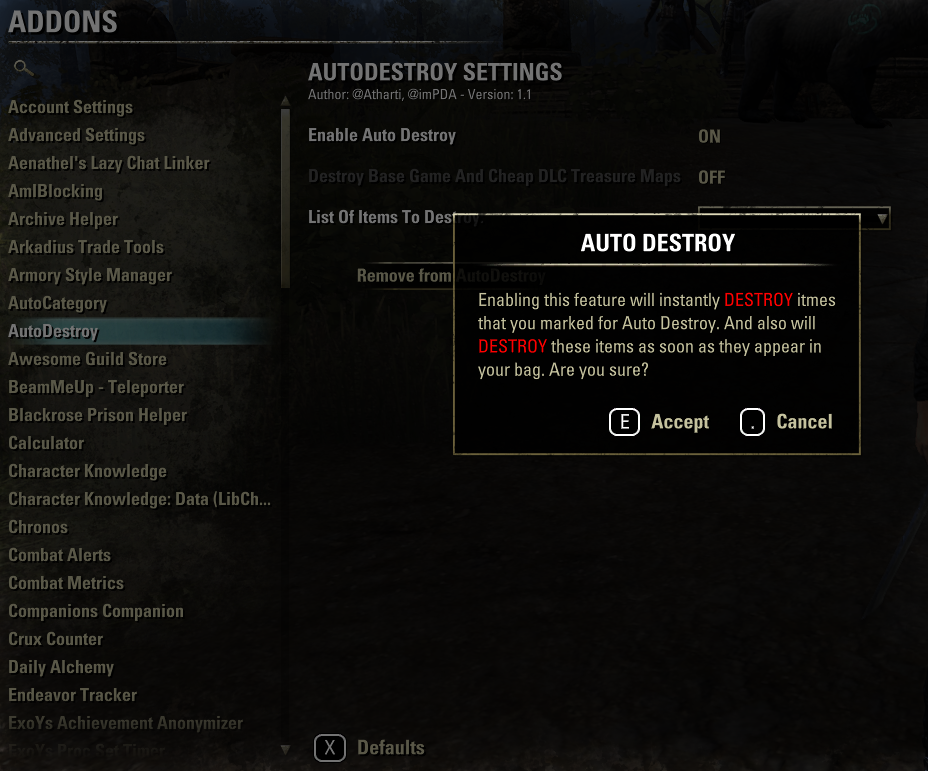 Auto Destroy : Bags, Bank, Inventory : Elder Scrolls Online AddOns