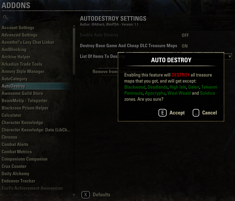 Auto Destroy : Bags, Bank, Inventory : Elder Scrolls Online AddOns