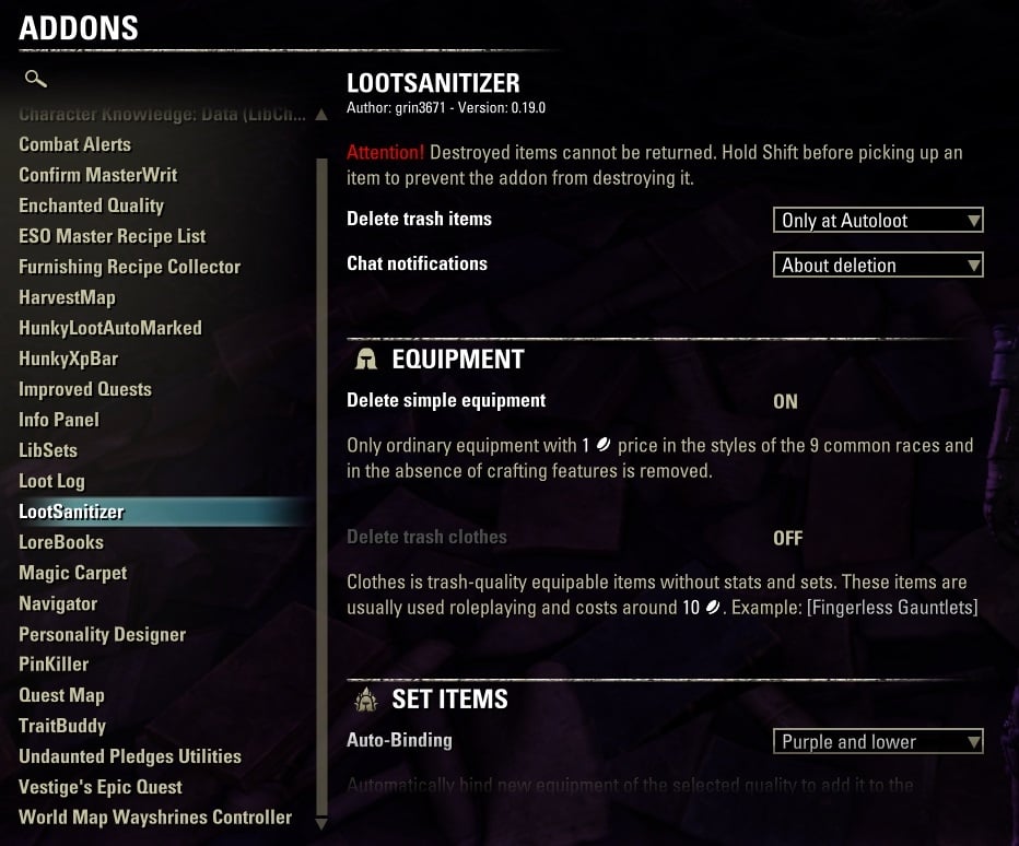 Loot Sanitizer : Beta-version AddOns : Elder Scrolls Online AddOns